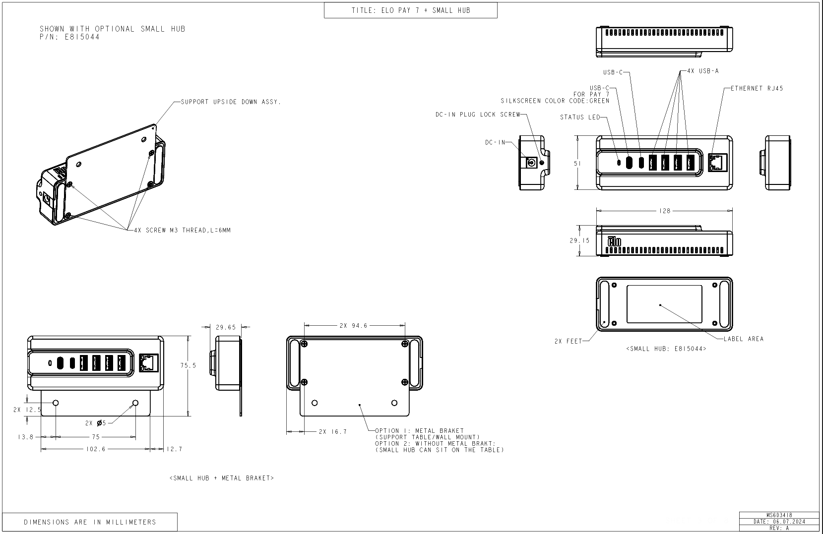 Where can I find a dimensional drawing for E815044, Small I/O Hub ...
