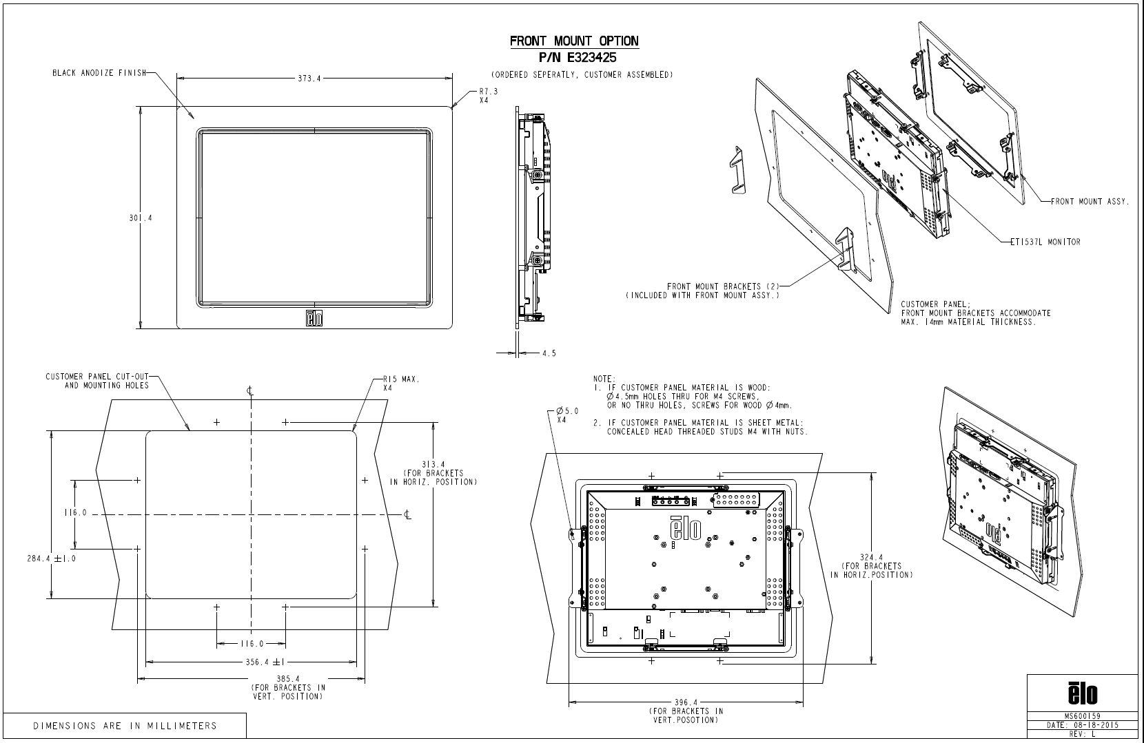 Where can I find a drawing of 15-inch Front-Mount Bezel Kit, P/N ...